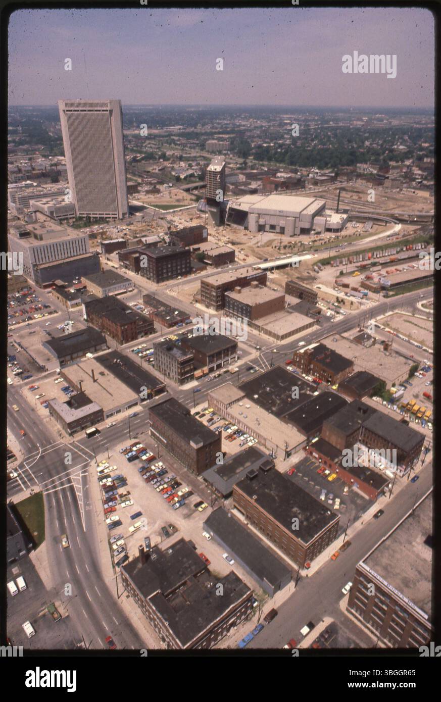An aerial view looking northwest over a northern portion of Downtown ...