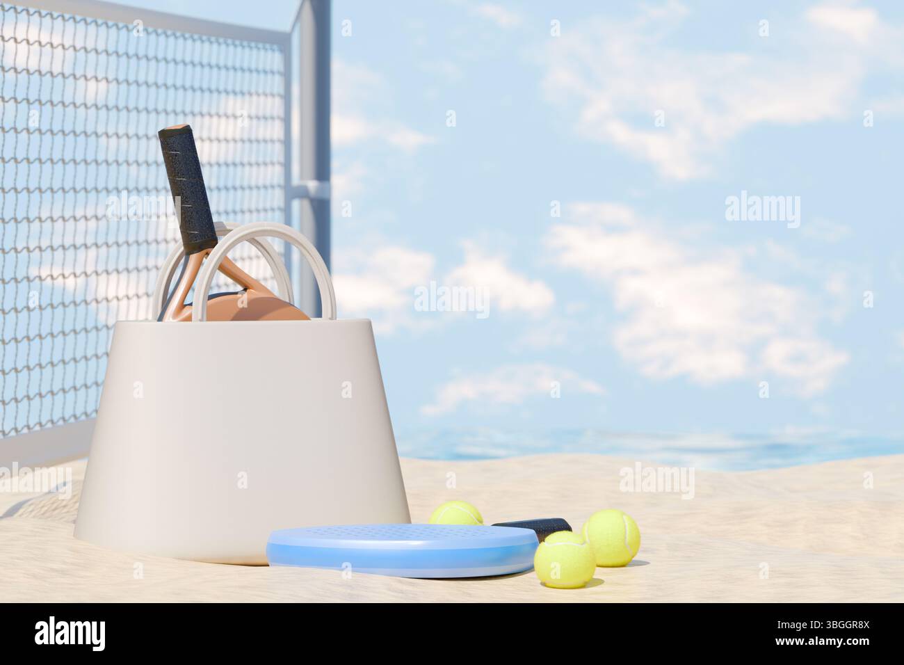 Paddle tennis rackets and balls in bag on sand on beach against sports ...