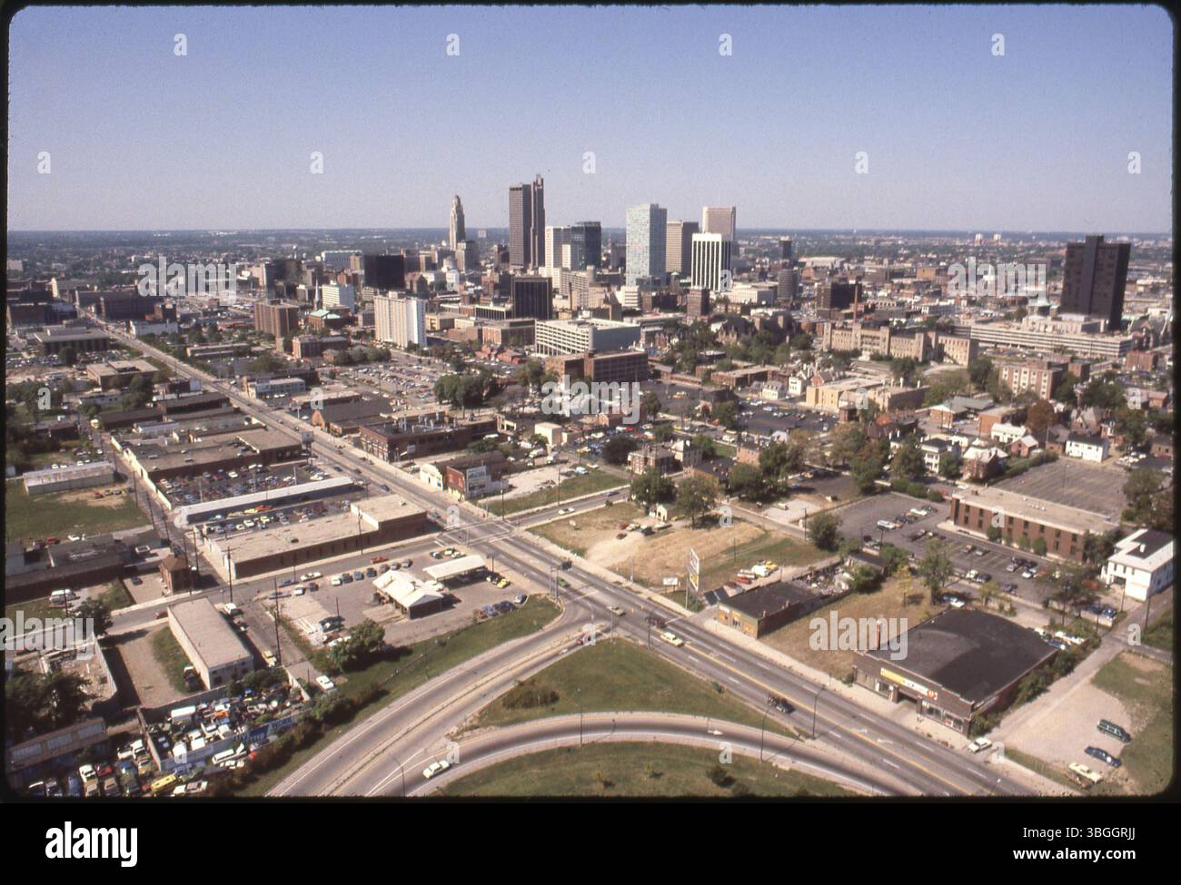 A 1981 aerial view looking northwest at Downtown Columbus. Visible ...