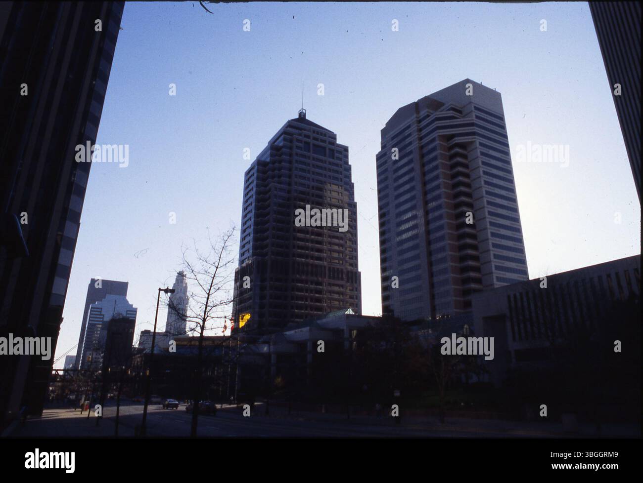 A view southwest across North High Street circa 1990 showing the ...