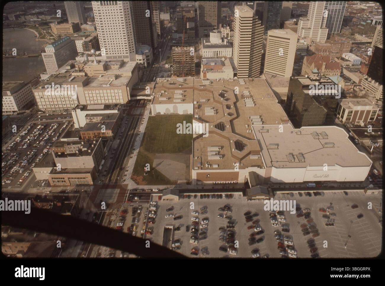 An aerial view from 1990, looking north over the Columbus City Center ...
