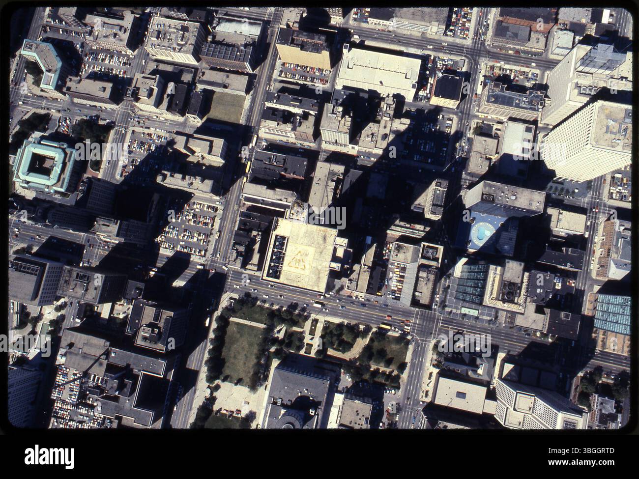 An aerial view of Downtown Columbus in 1977, showing Broad Street ...
