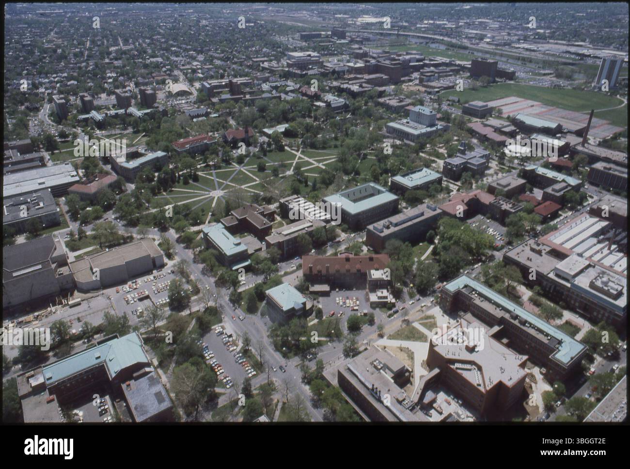 Aerial view looking southwest at The Ohio State University campus shows ...