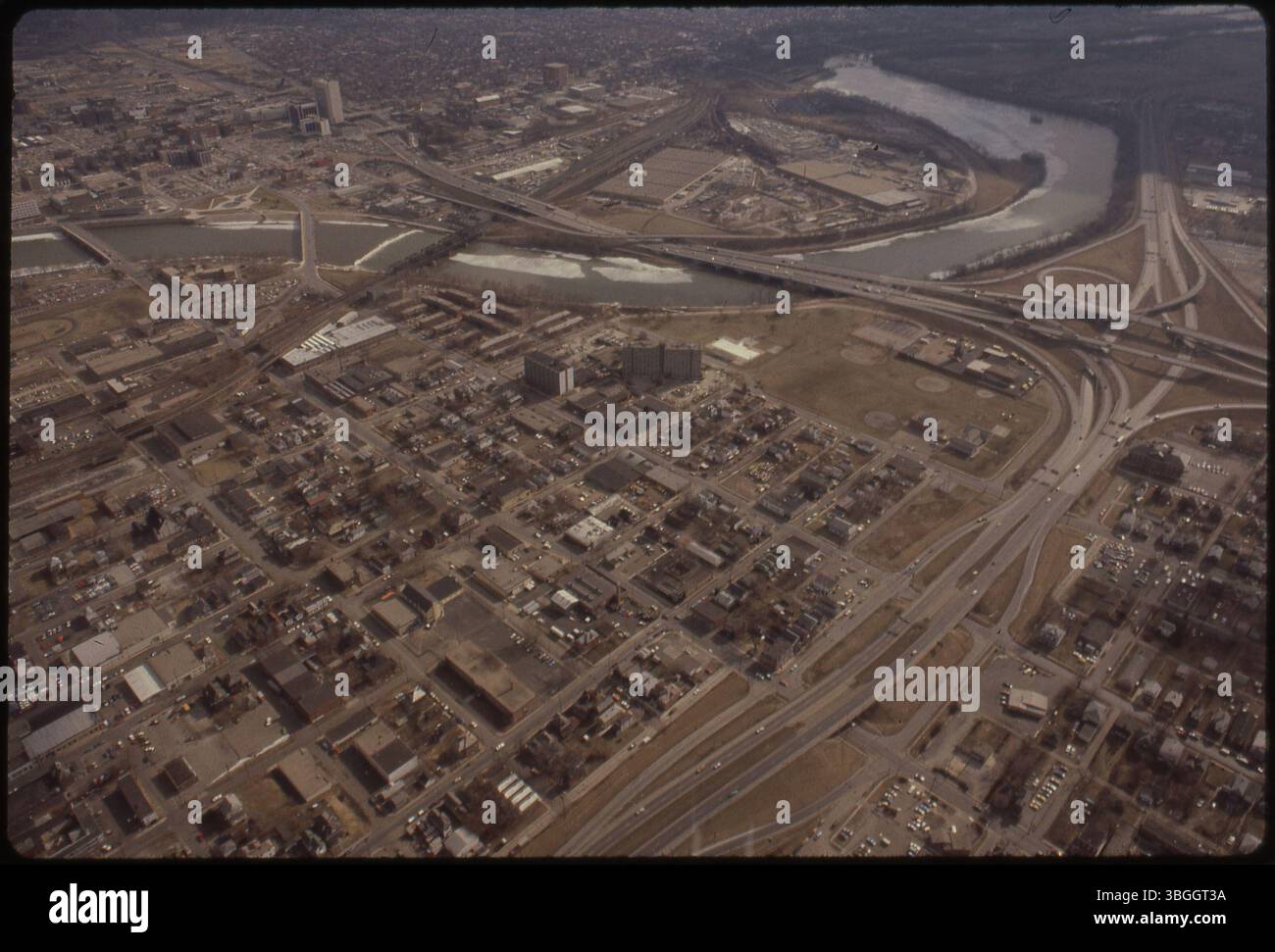An aerial view of Franklinton, showing the Scioto River separating it ...