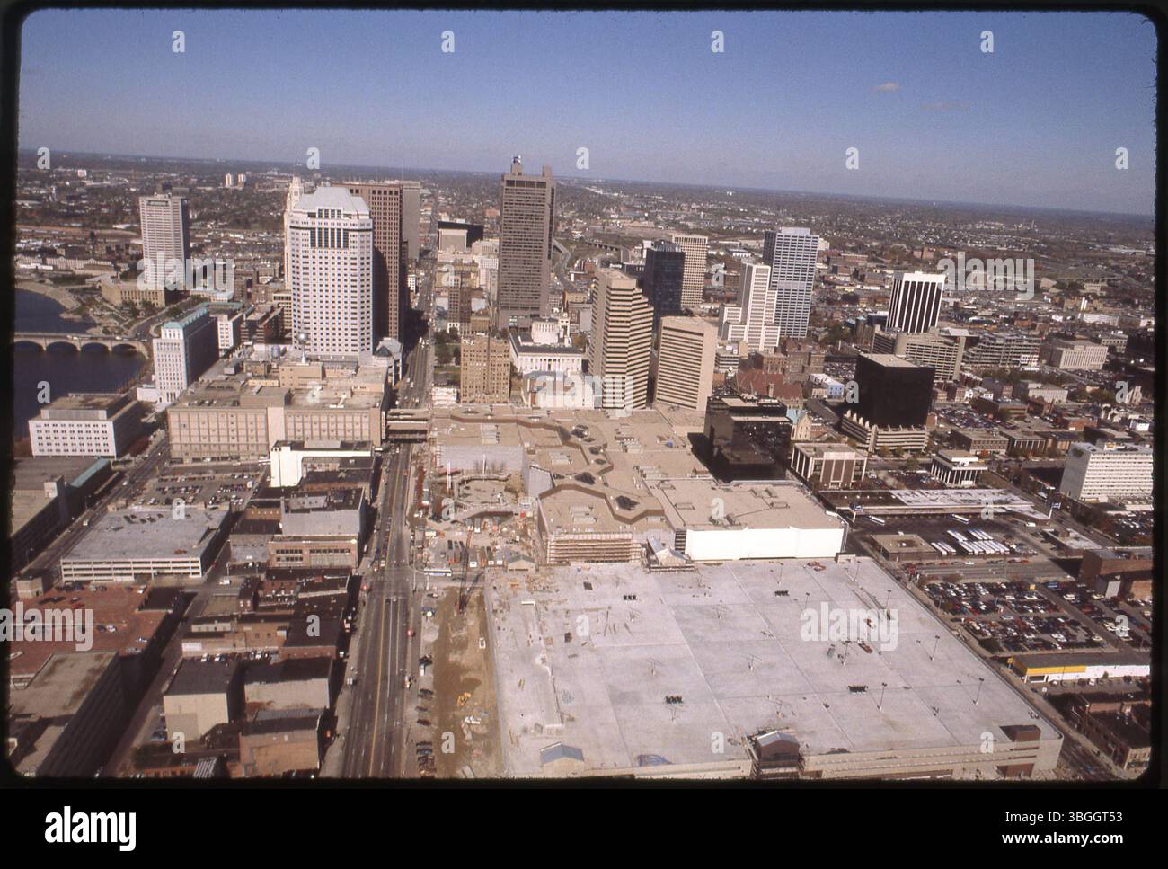 An aerial view looking north of Downtown Columbus, highlighting High ...