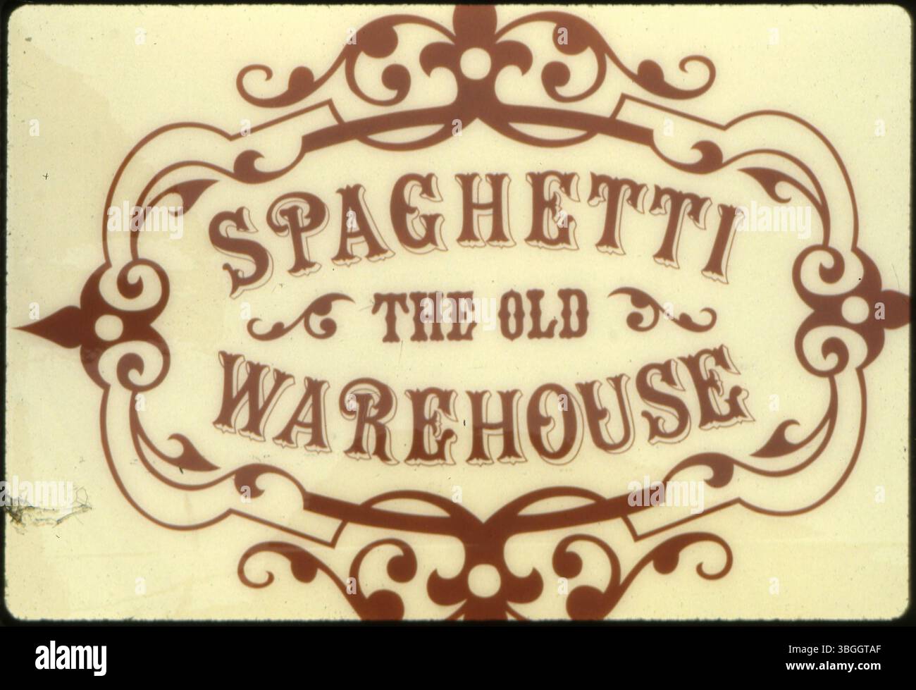 The sign and logo of the Old Spaghetti Warehouse, a restaurant located ...