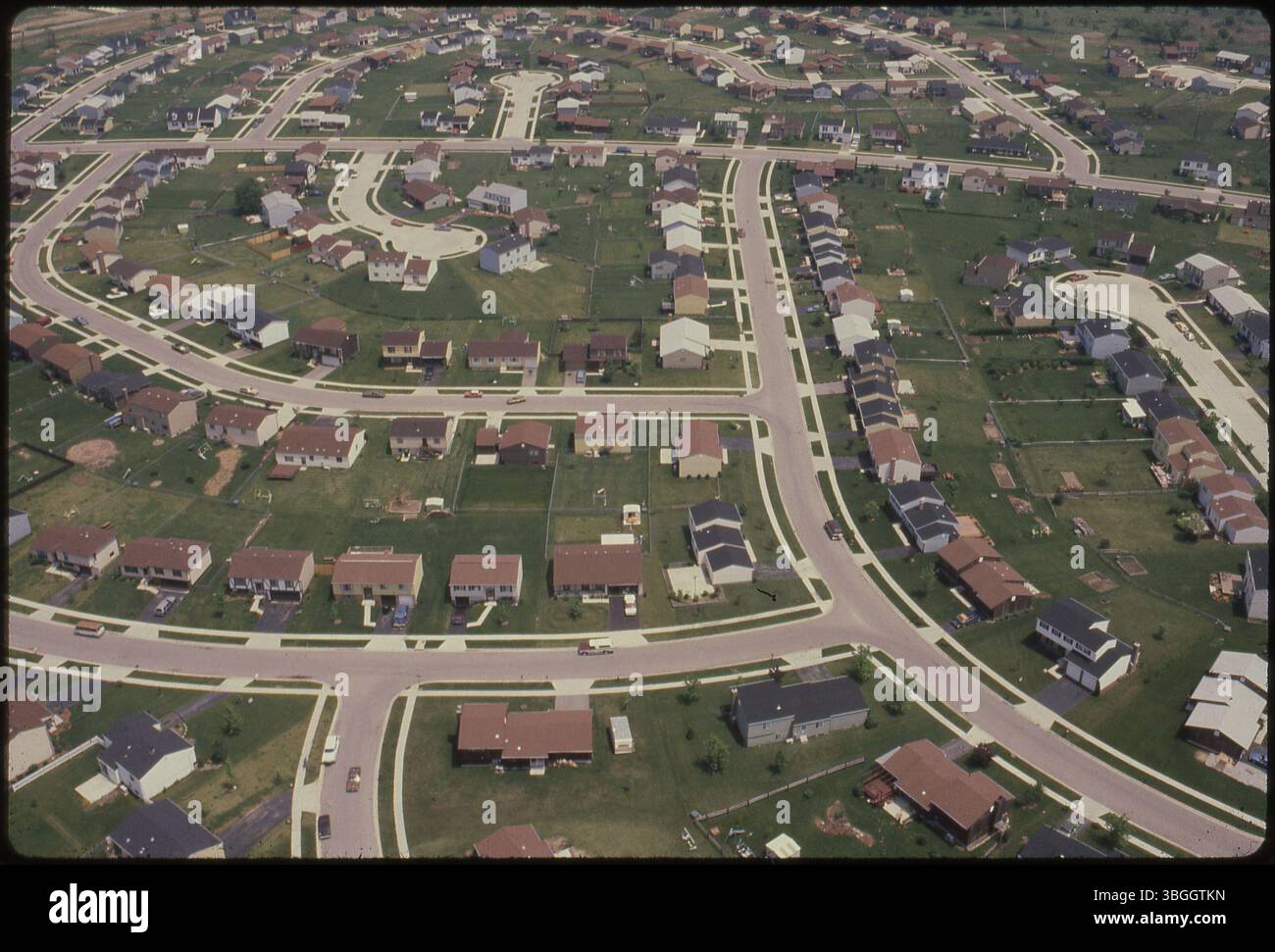 An aerial view of a newly built housing development subdivision from ...