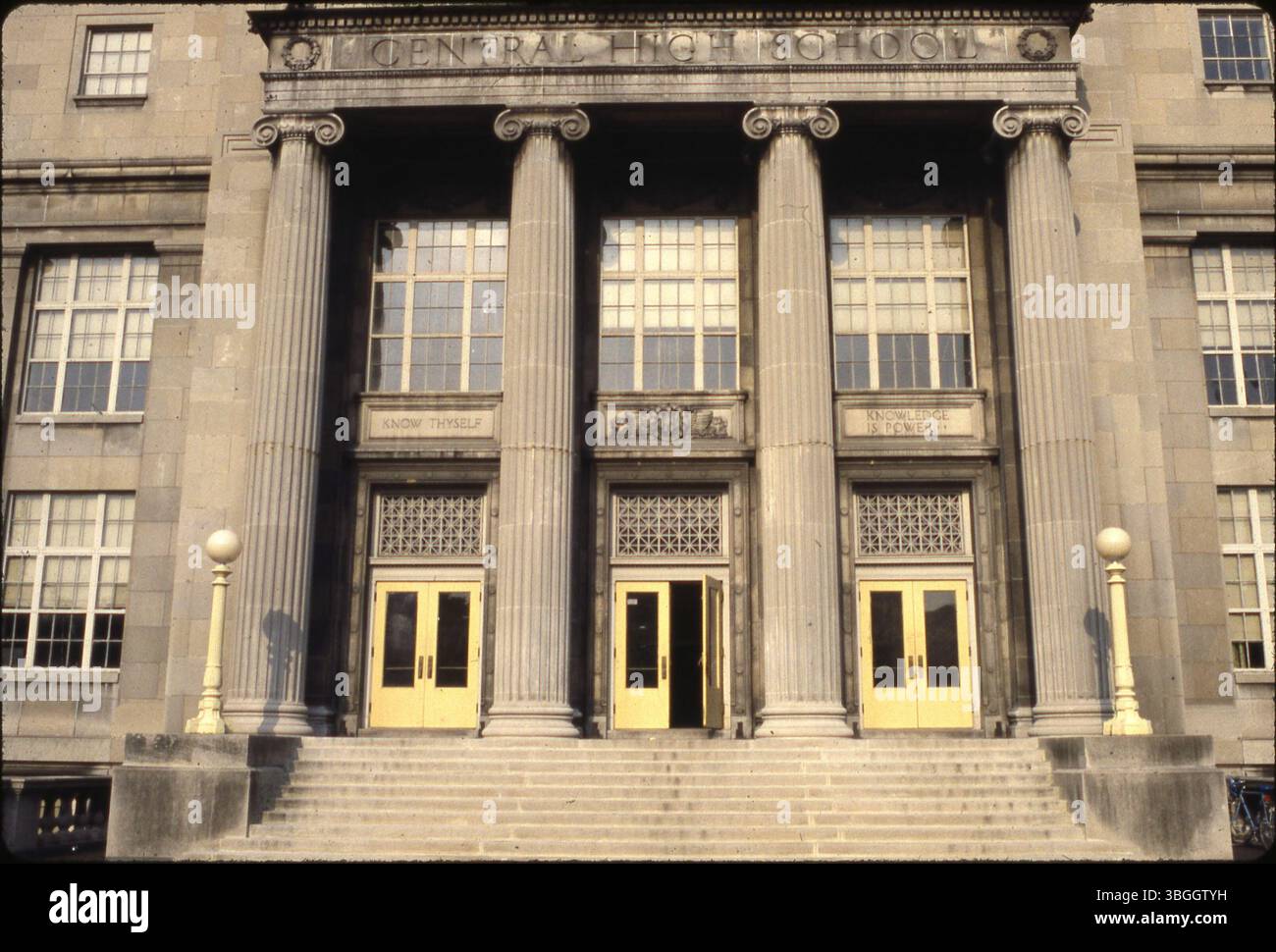 The entrance to Central High School, featuring four Ionic columns and ...