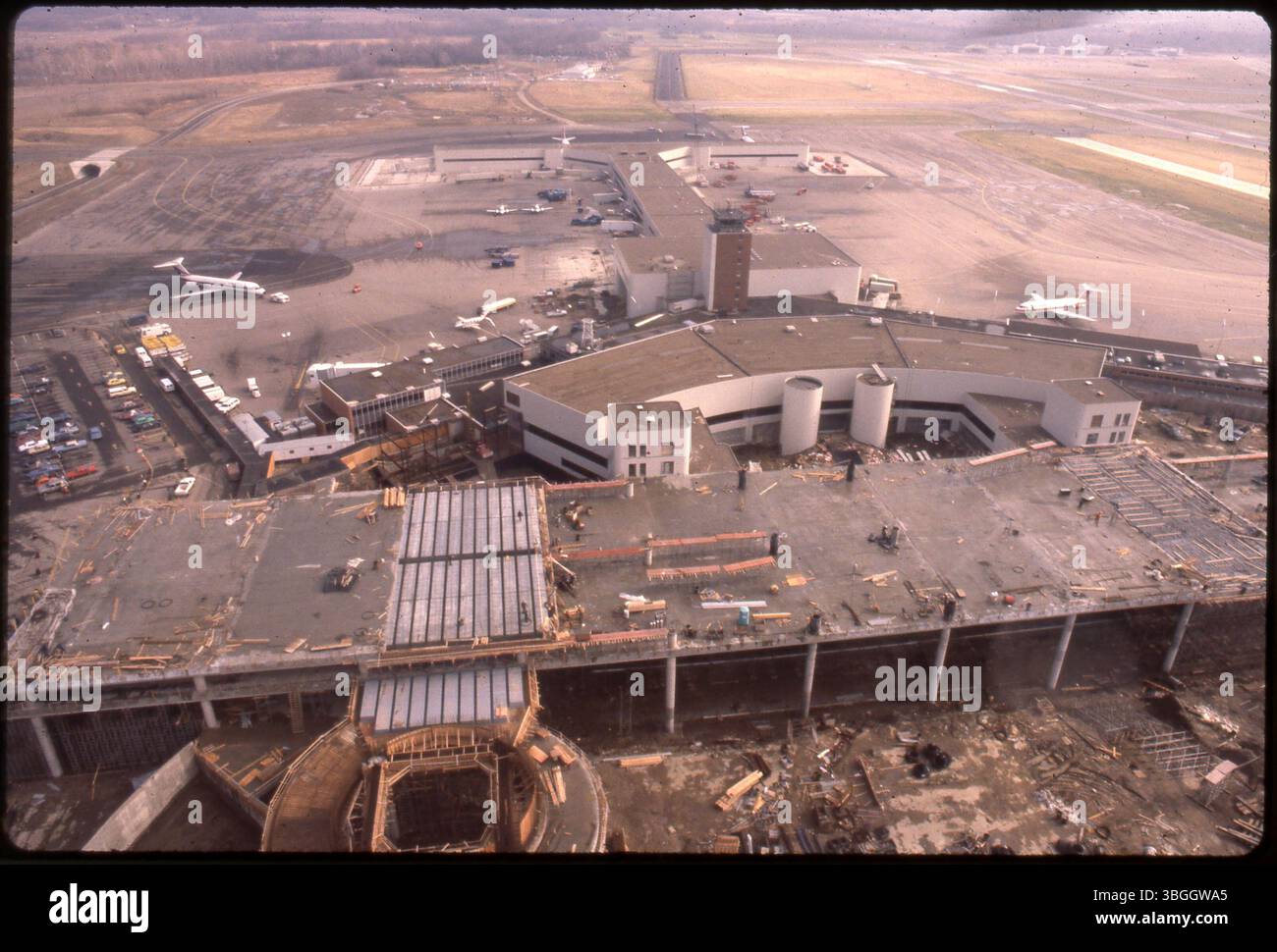 An aerial view of construction at Port Columbus International Airport’s ...