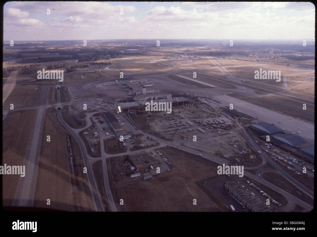 An aerial view of construction at Port Columbus International Airport ...
