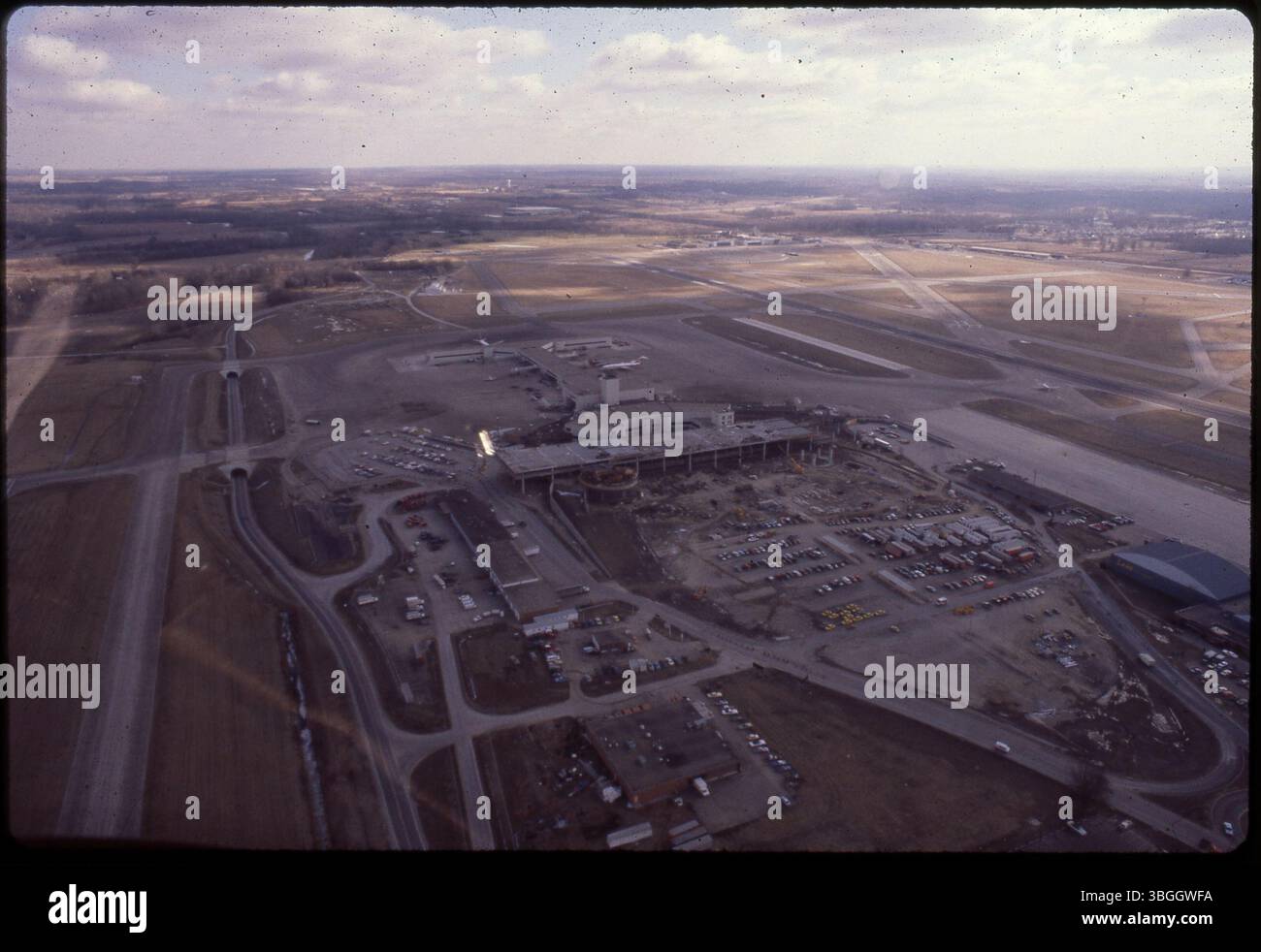 An aerial view circa 1980 shows construction work on the terminal ...
