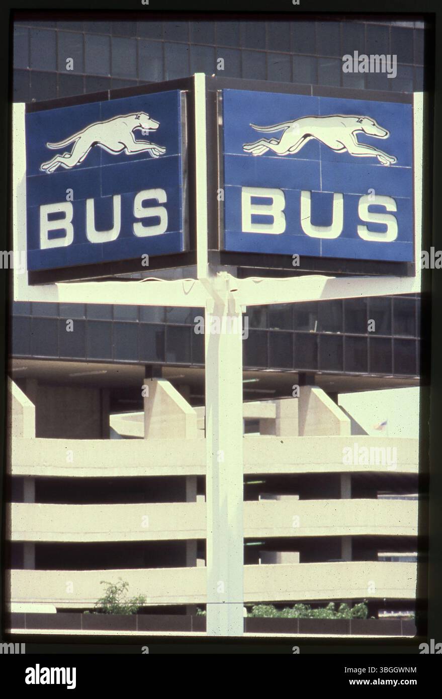 A view of the sign for the Greyhound Bus Station located at 111 East ...