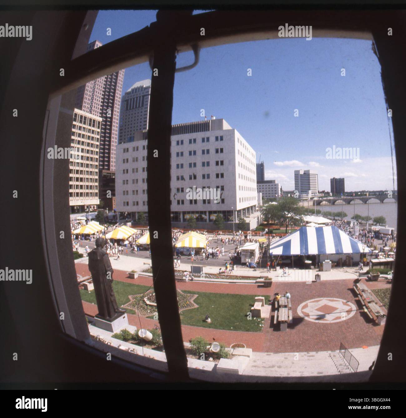 The image, taken from Columbus City Hall, shows tents set up for what ...