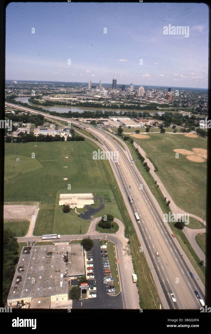 An aerial view looking north along Interstate 71 south of Downtown Columbus. Southview Park is ...