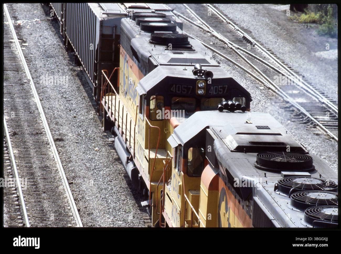 A view of Chessie System train cars at an unidentified location. These ...