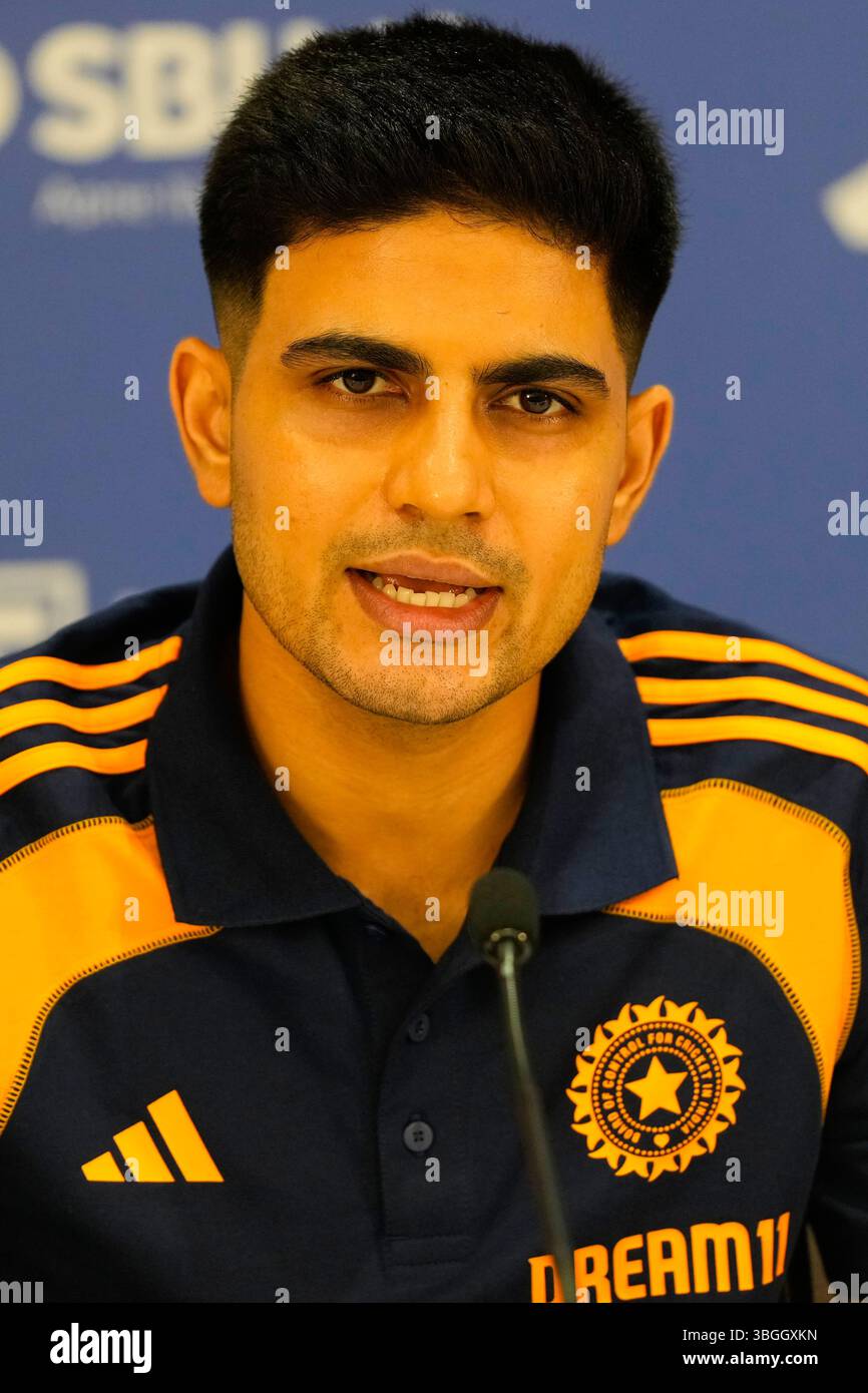 Indian cricket test team captain Shubman Gill address a pre-departure ...