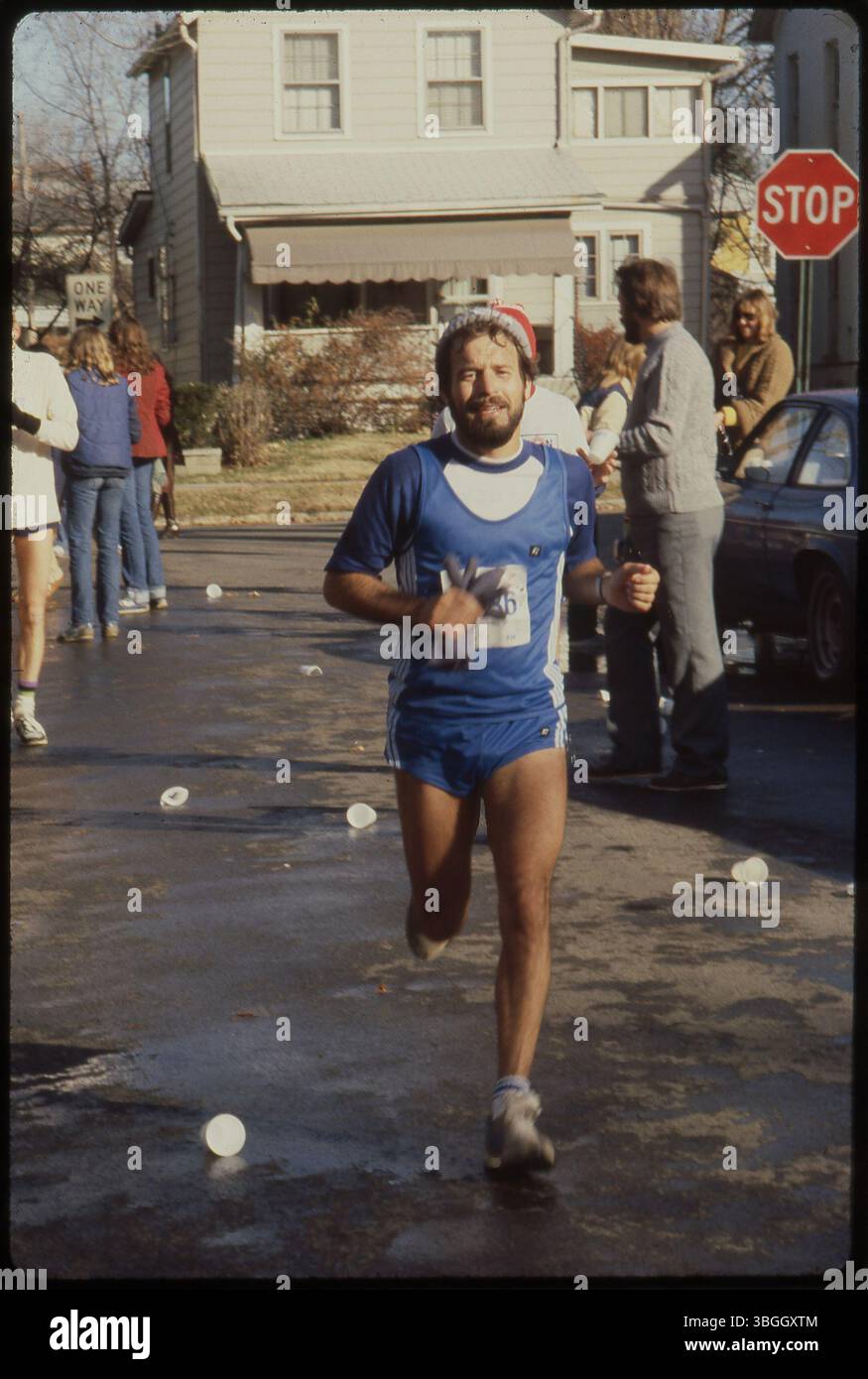 In the 1980 Columbus Bank One Marathon, a male runner wearing blue ...