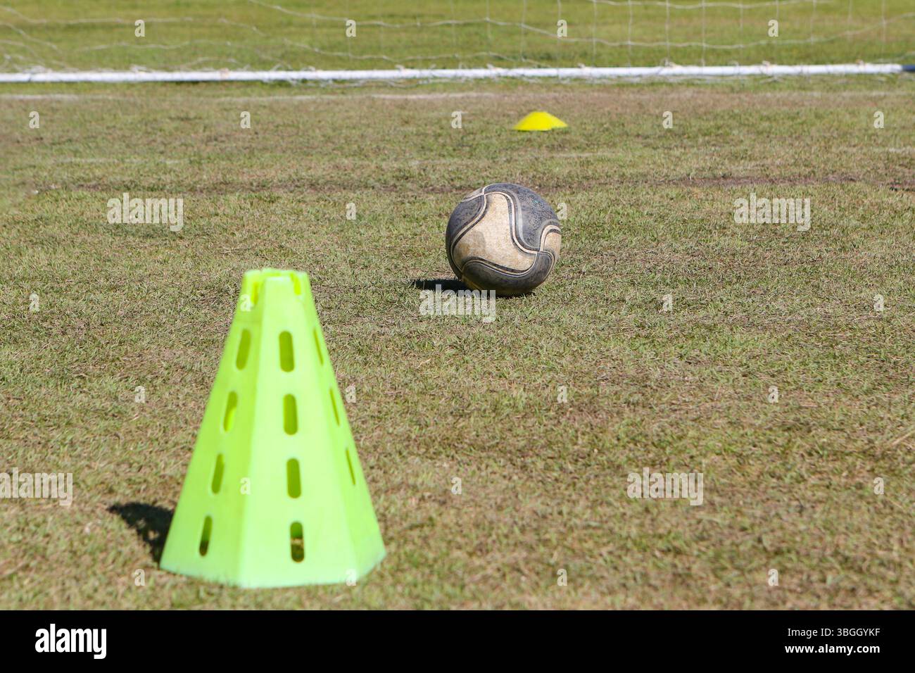 Accessories for football training on a grassroots field in Rio de ...