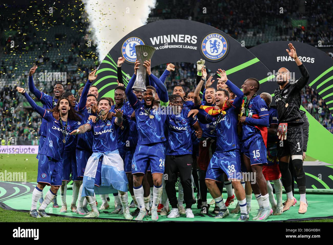 Players of Chelsea London hold the trophy at the ceremony after the ...