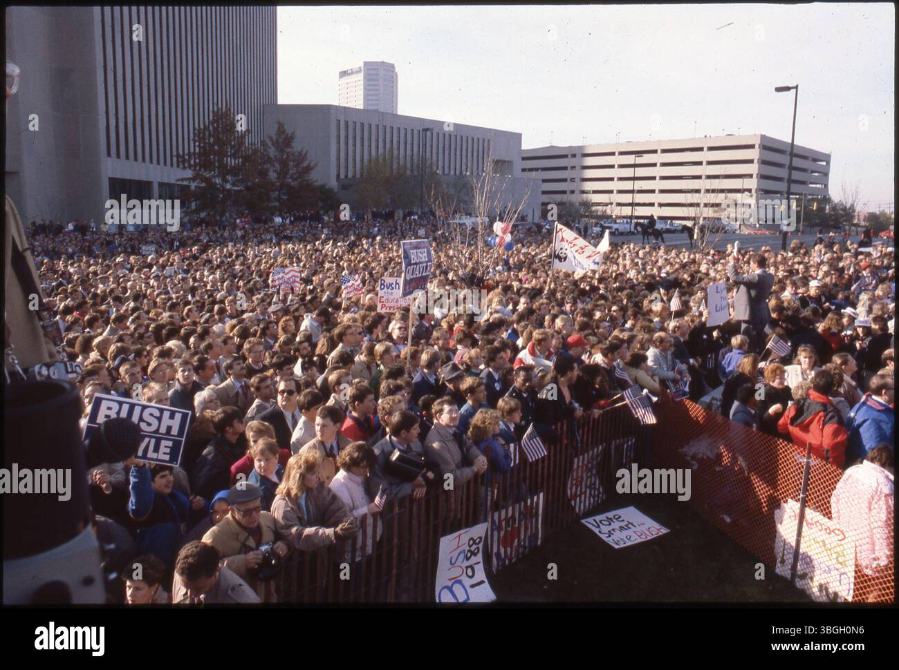 A crowd gathers in 1988 for the visit of George W. Bush and Dan Quayle ...