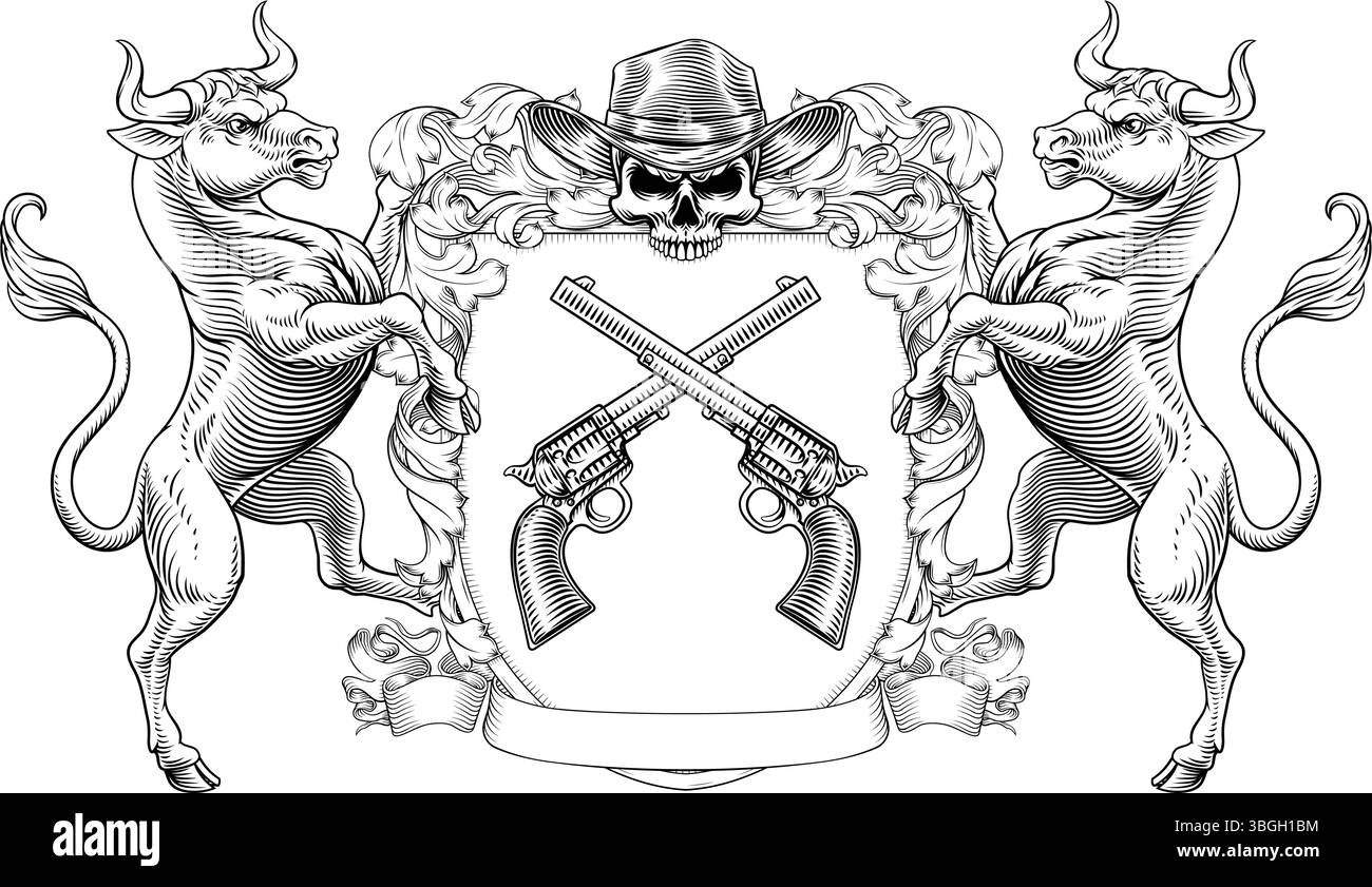 Cowboy Skull Guns Crest Coat of Arms Shield Design Stock Vector Image ...
