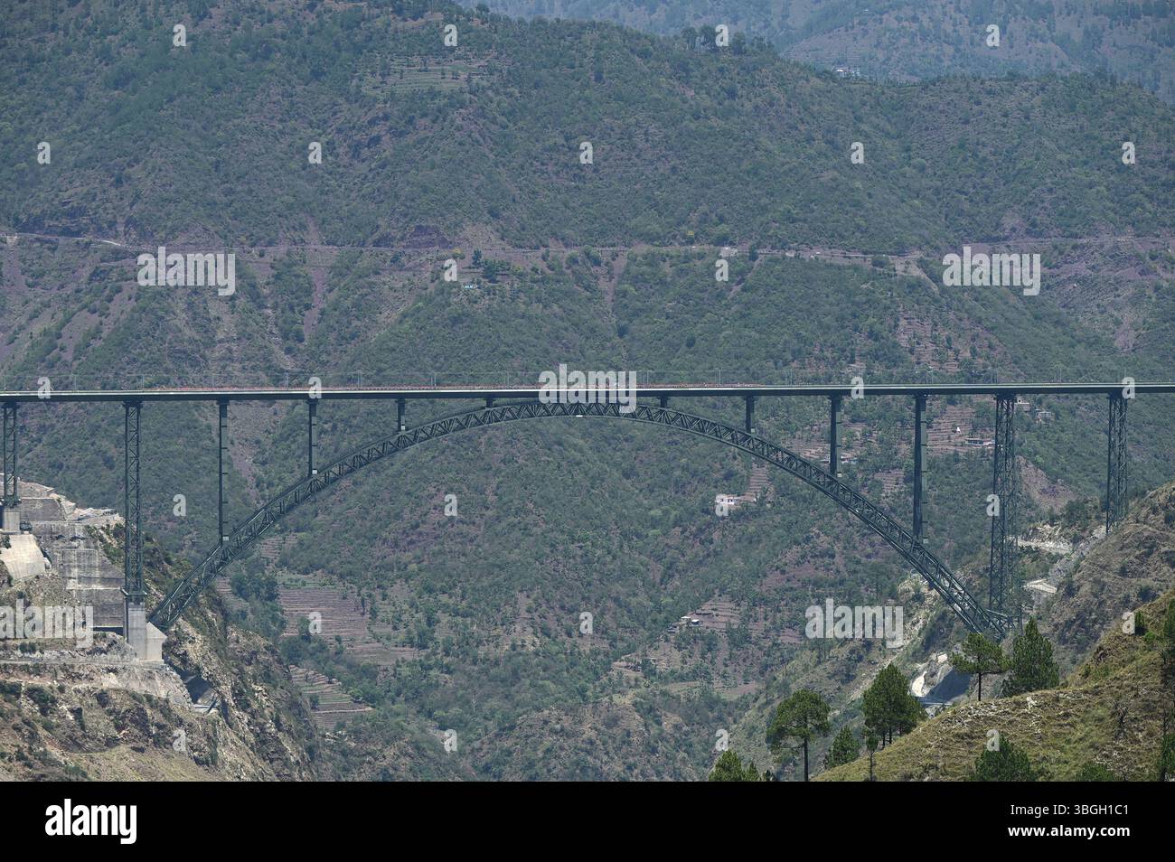 REASI, INDIA - JUNE 5: Highest railway arch bridge over the river Chenab ahead of inauguration ...