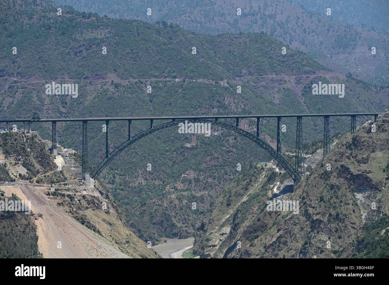 REASI, INDIA - JUNE 5: Highest railway arch bridge over the river Chenab ahead of inauguration ...
