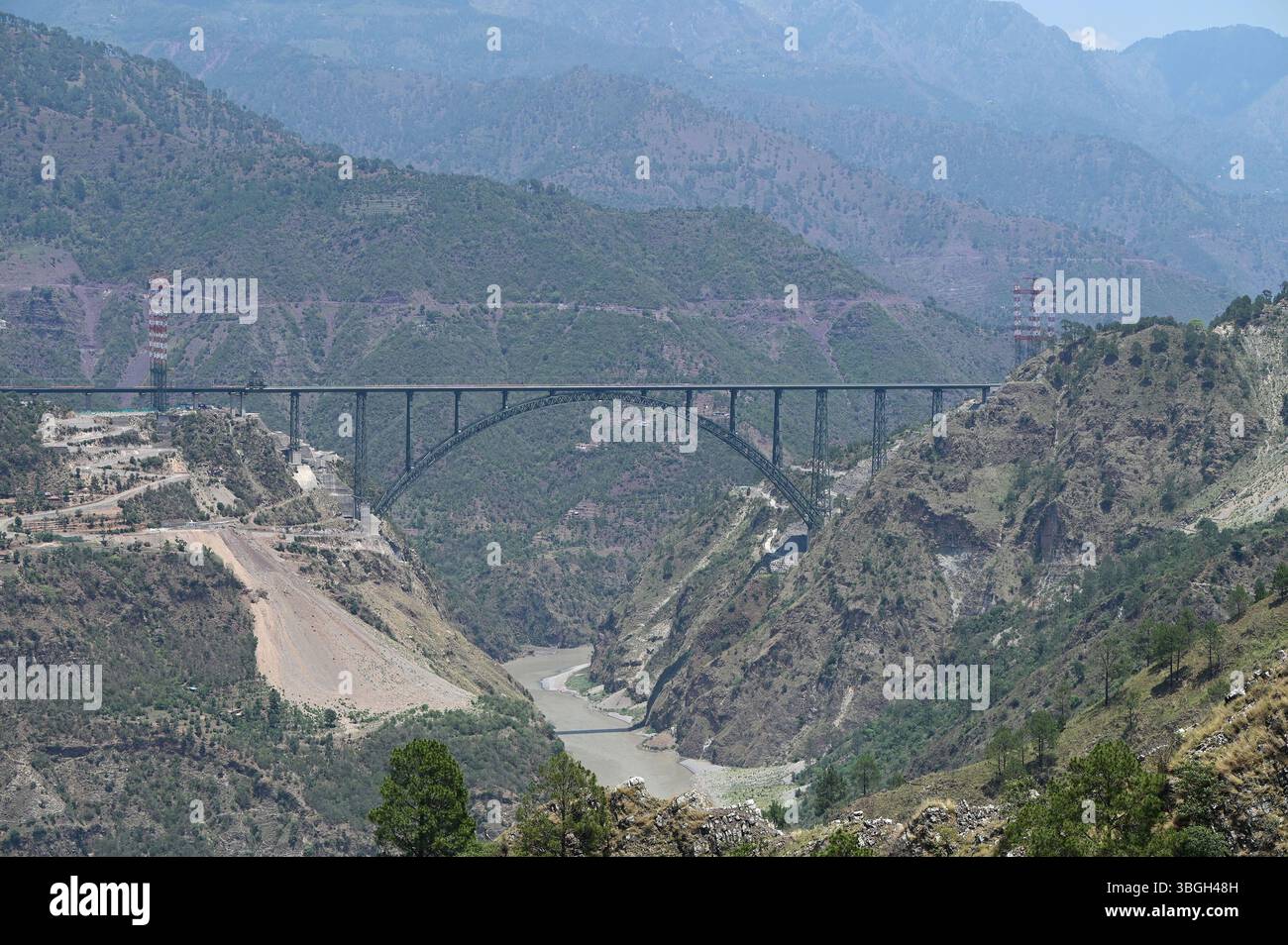 REASI, INDIA - JUNE 5: Highest railway arch bridge over the river Chenab ahead of inauguration ...