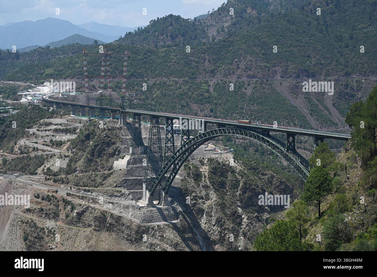 REASI, INDIA - JUNE 5: Highest railway arch bridge over the river Chenab ahead of inauguration ...