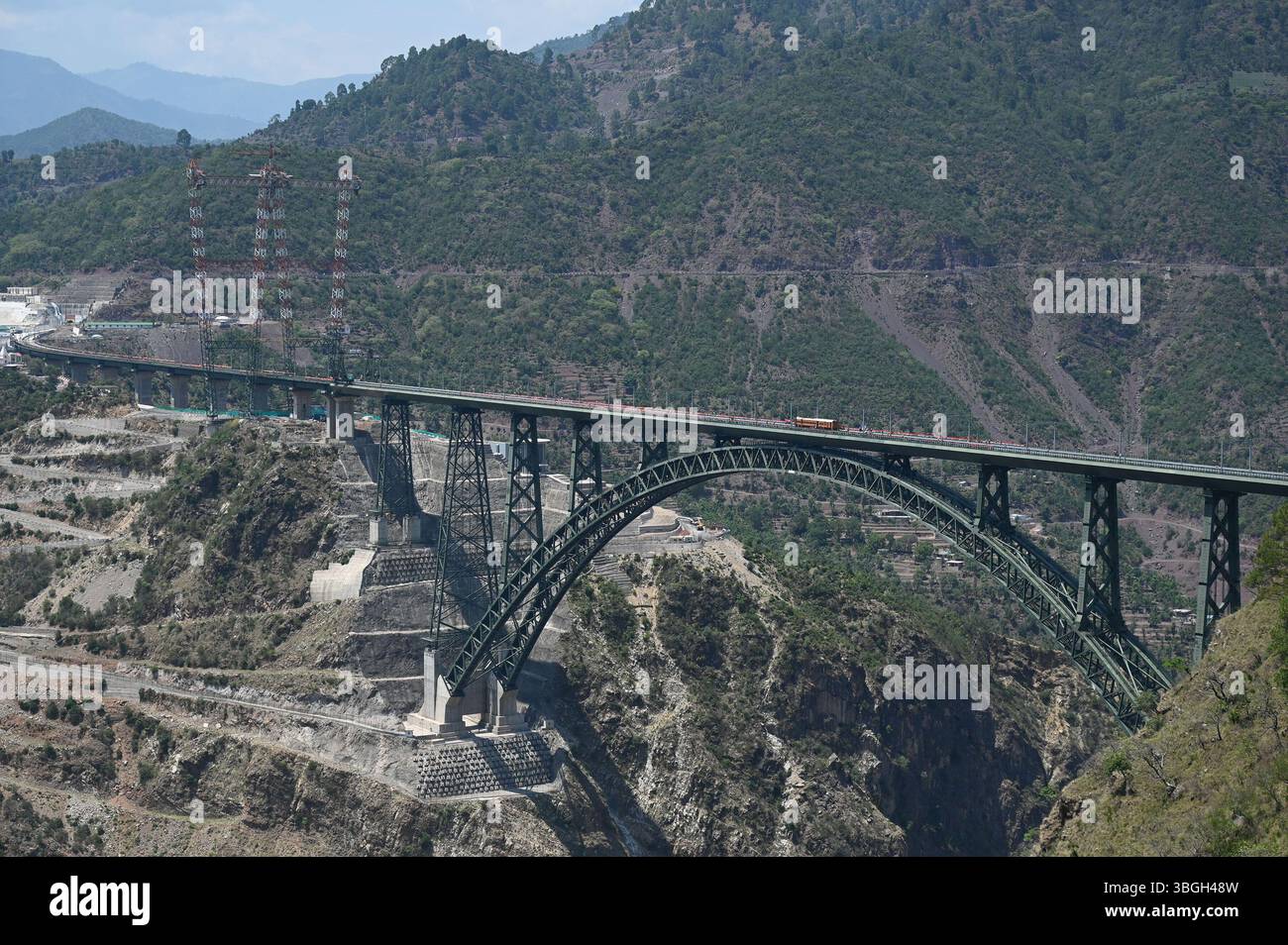 REASI, INDIA - JUNE 5: Highest railway arch bridge over the river Chenab ahead of inauguration ...