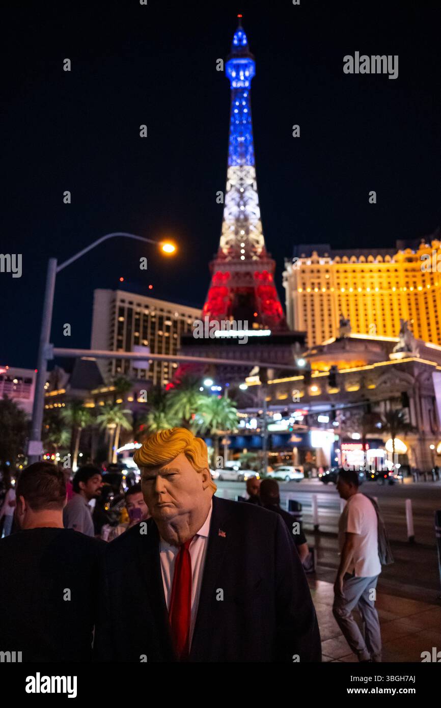 Las Vegas, 14th May, 2025. A person in a Trump mask on the strip by the ...