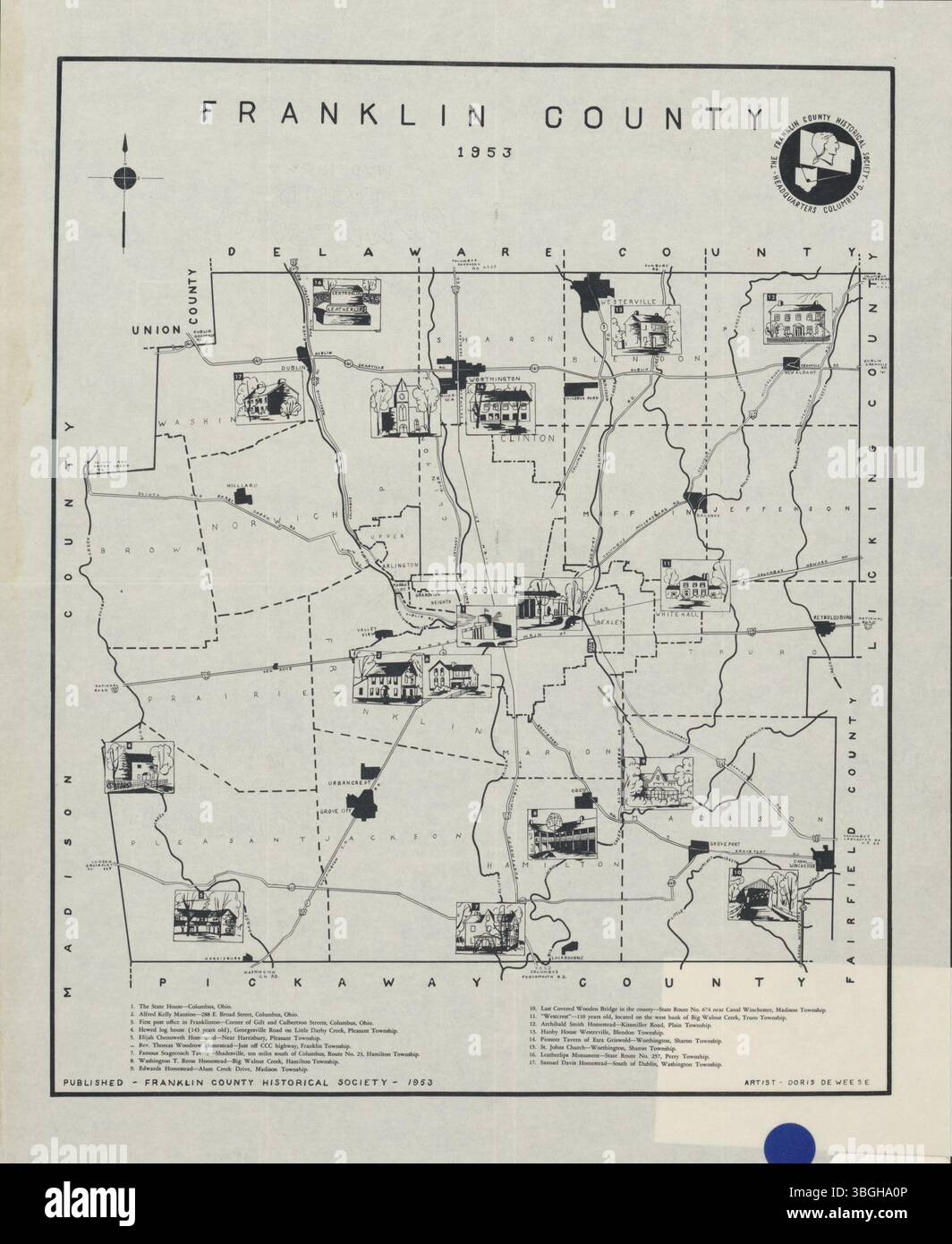 The 1953 map of Franklin County, Ohio includes key historic sites ...