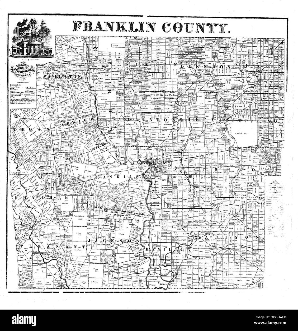 This 1842 black and white reproduction map of Franklin County, Ohio ...