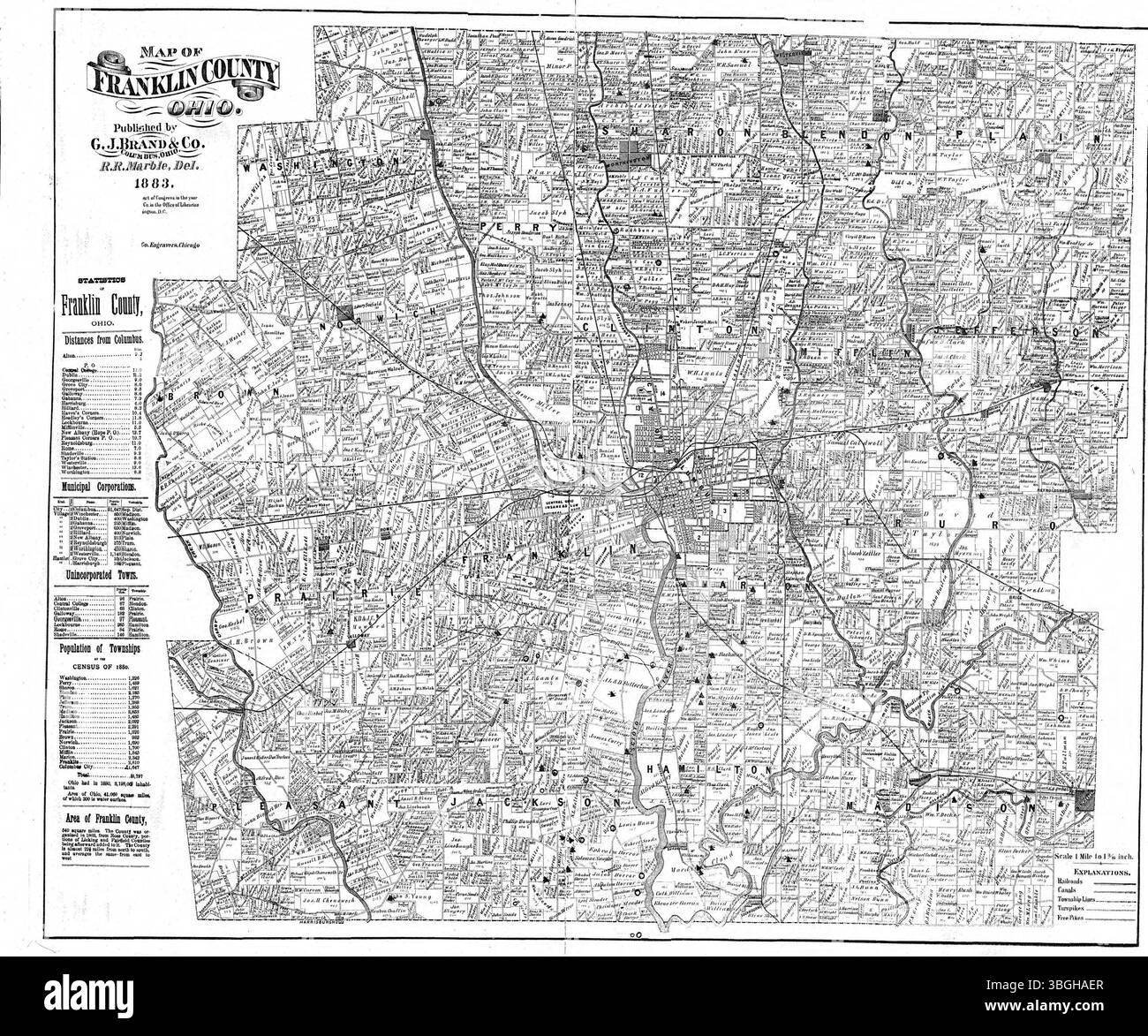 The 1883 Franklin County map is a reproduction showing land ownership ...