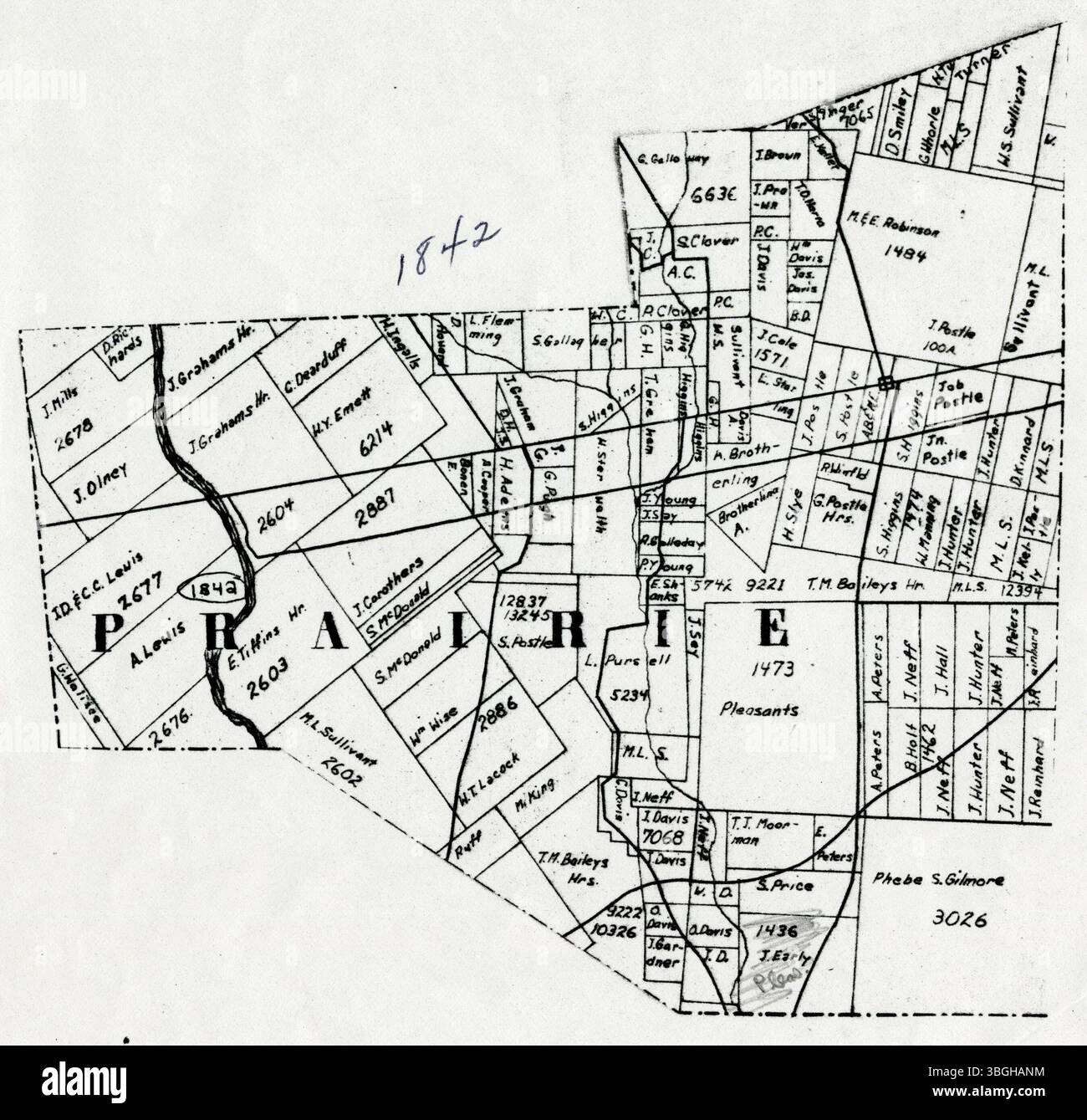This 1842 property ownership plat map of Prairie Township, Franklin ...