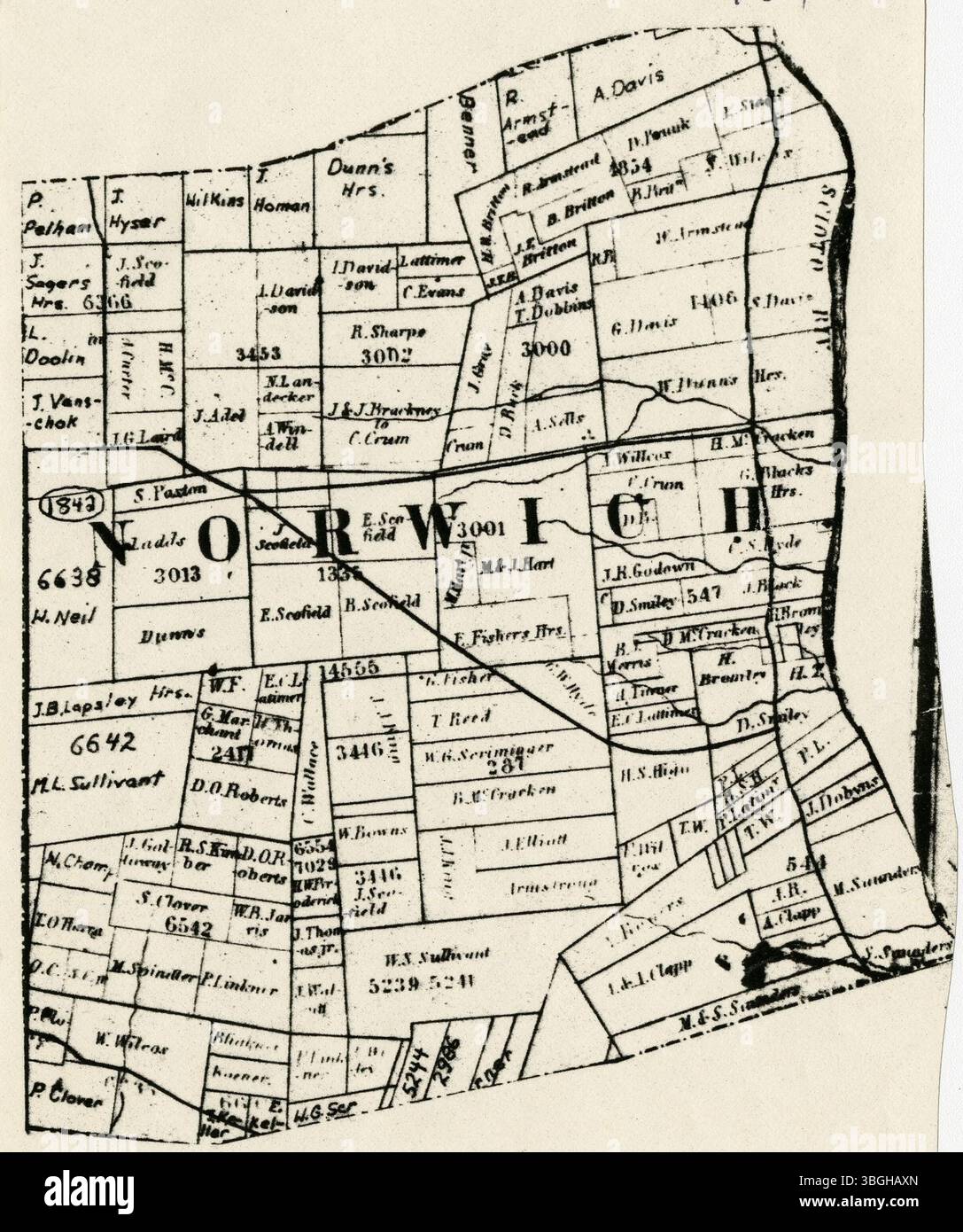 The 1842 property ownership plat map of Norwich Township in Franklin ...