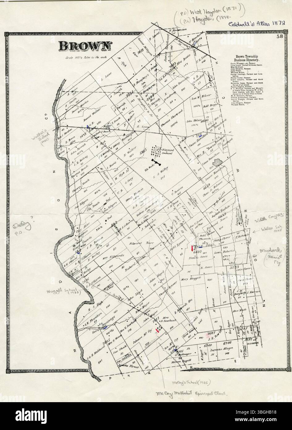 This 1872 property ownership plat map of Brown Township, Franklin ...