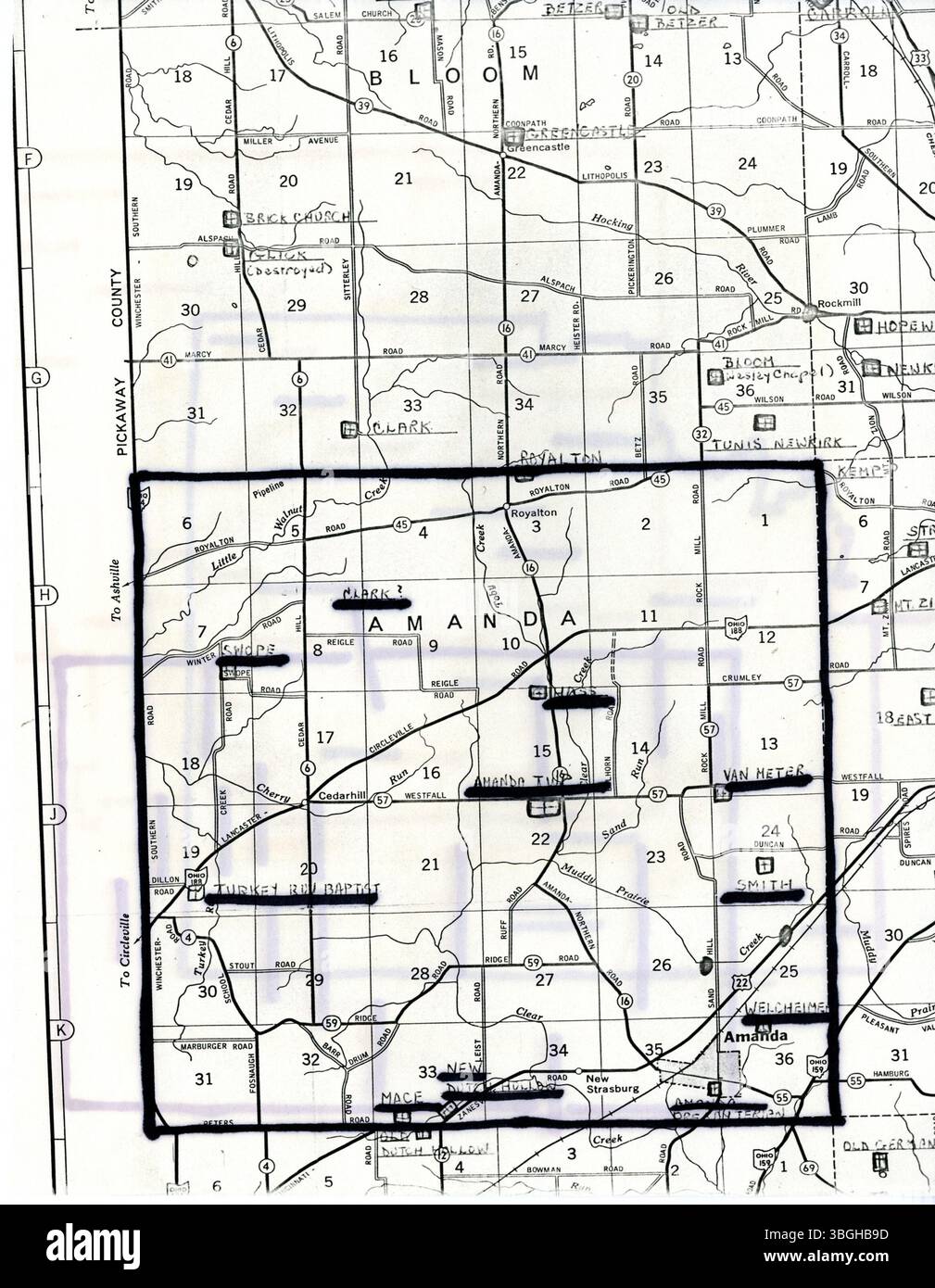 A black and white map depicting Amanda Township located in Fairfield ...