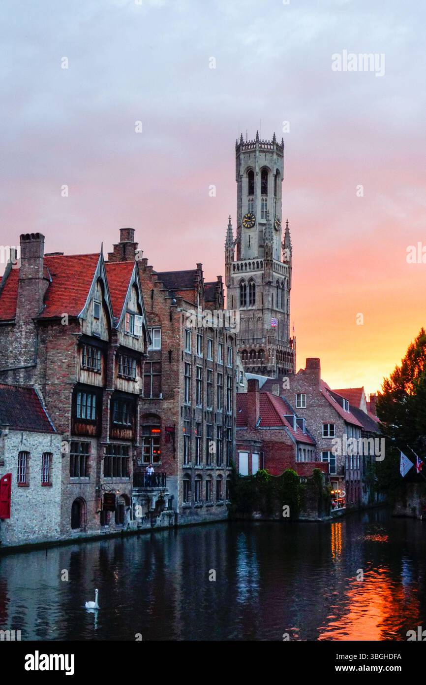 The Belfry of Bruges Clock Tower at sunset, Belgium Stock Photo - Alamy