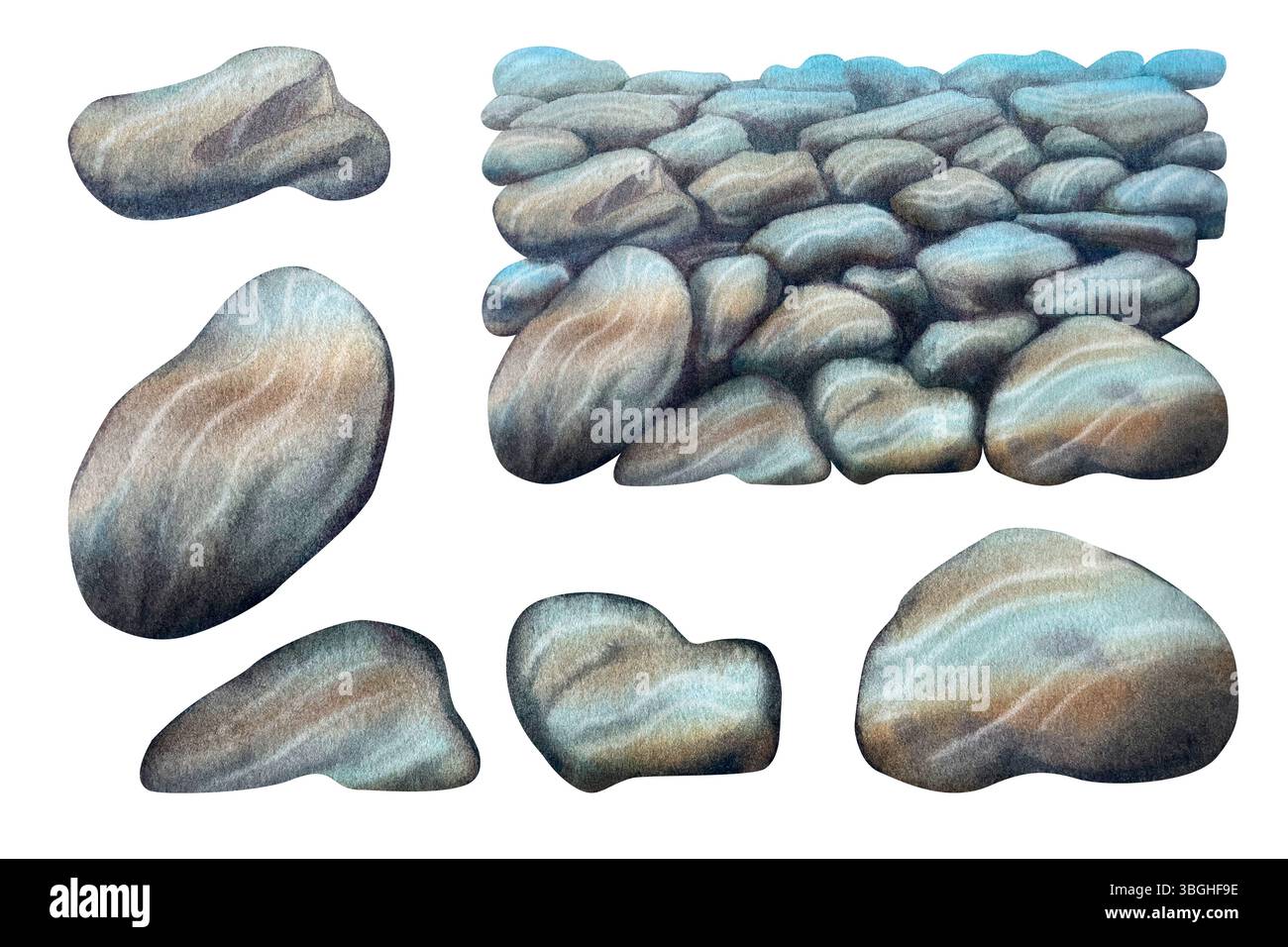 Seabed of underwater stones and separate rocks in brown-gray tones with ...