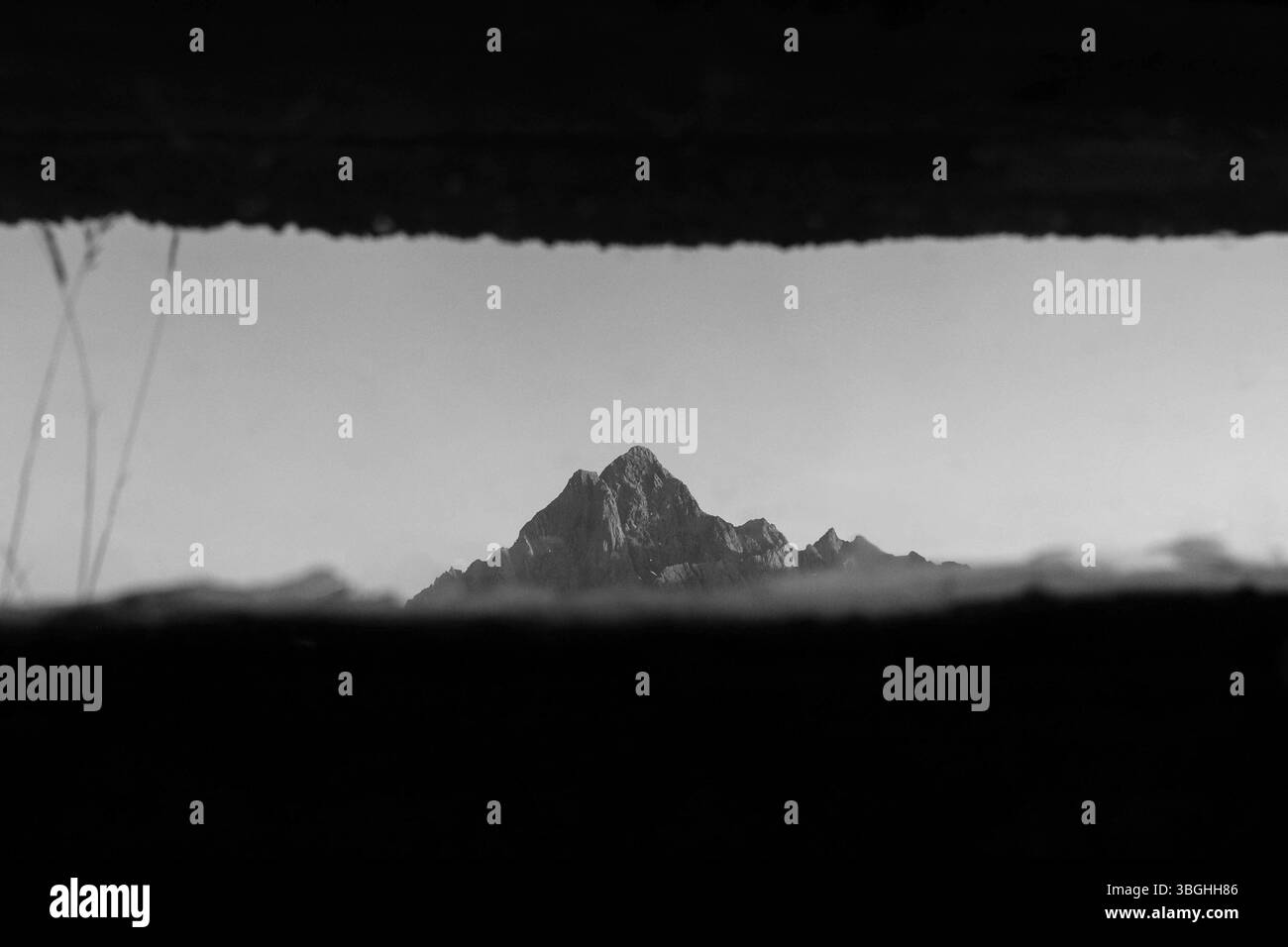 Norway, Lofoten, mountain top, view through a bunker window Stock Photo ...