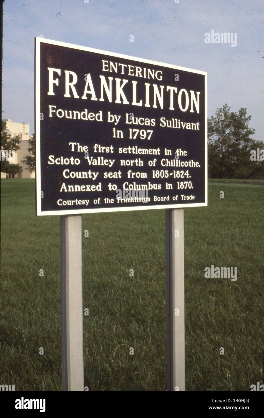 A sign marking the entrance to Franklinton, Ohio, founded in 1787 by ...