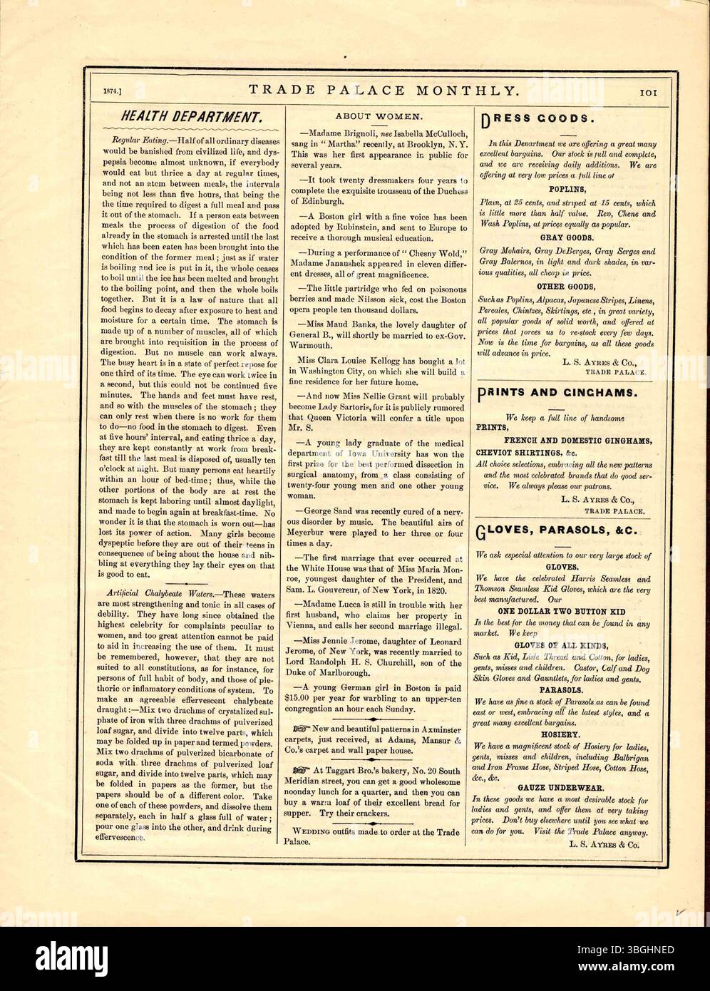 The May to August 1874 issues of Trade Palace Monthly include updates ...