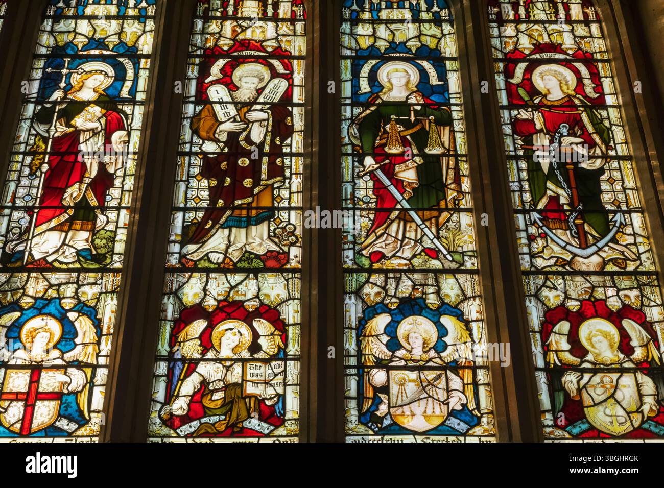 England, Somerset, Bath, Bath Abbey, Stained Glass Windows depicting ...