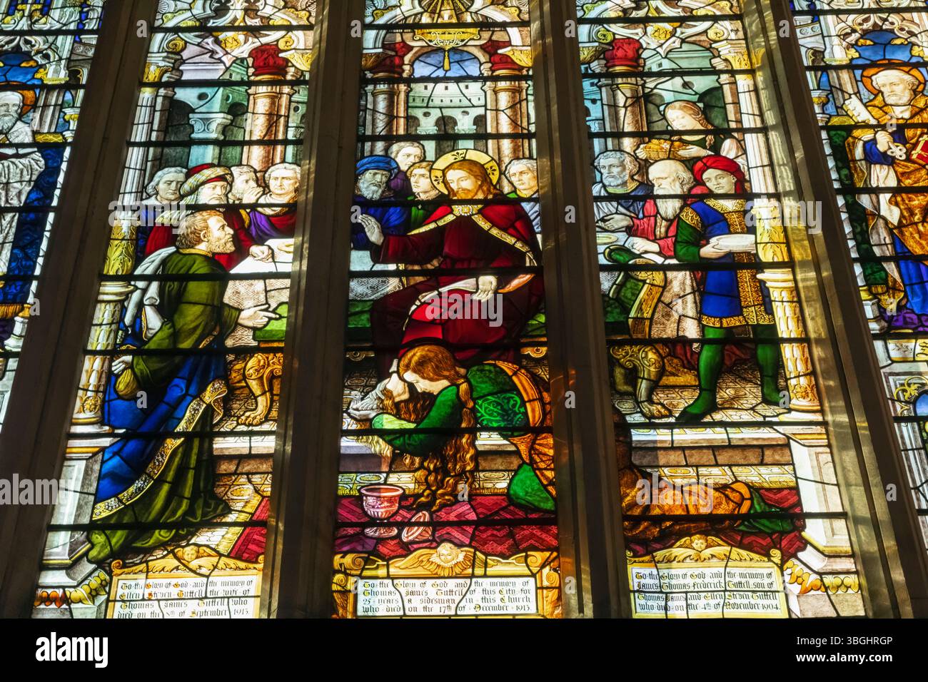 England, Somerset, Bath, Bath Abbey, Stained Glass Windows depicting ...