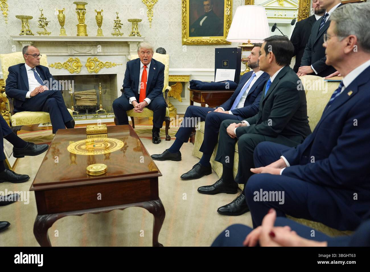 Germany's Chancellor Friedrich Merz, from left, and President Donald ...