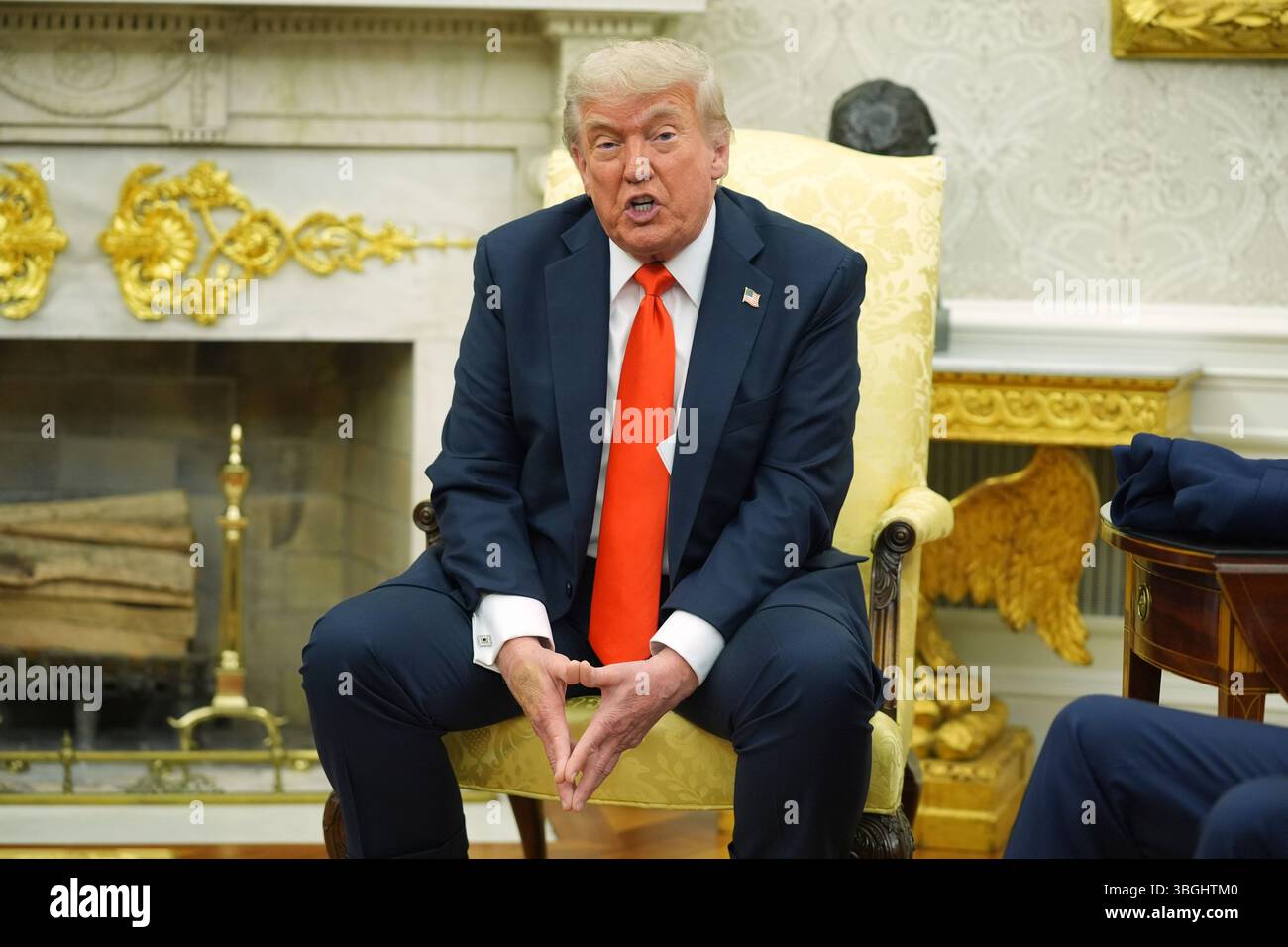 President Donald Trump speaks during a meeting with Germany's ...