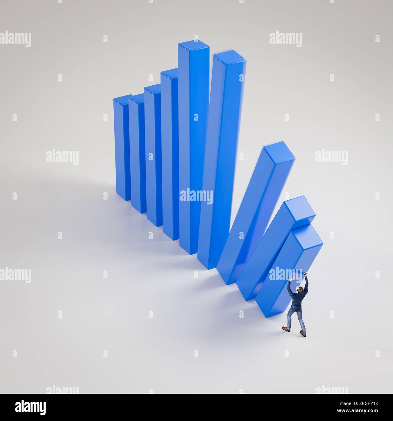 Businessman with a suit trying to stabilize the falling bars of a bar ...