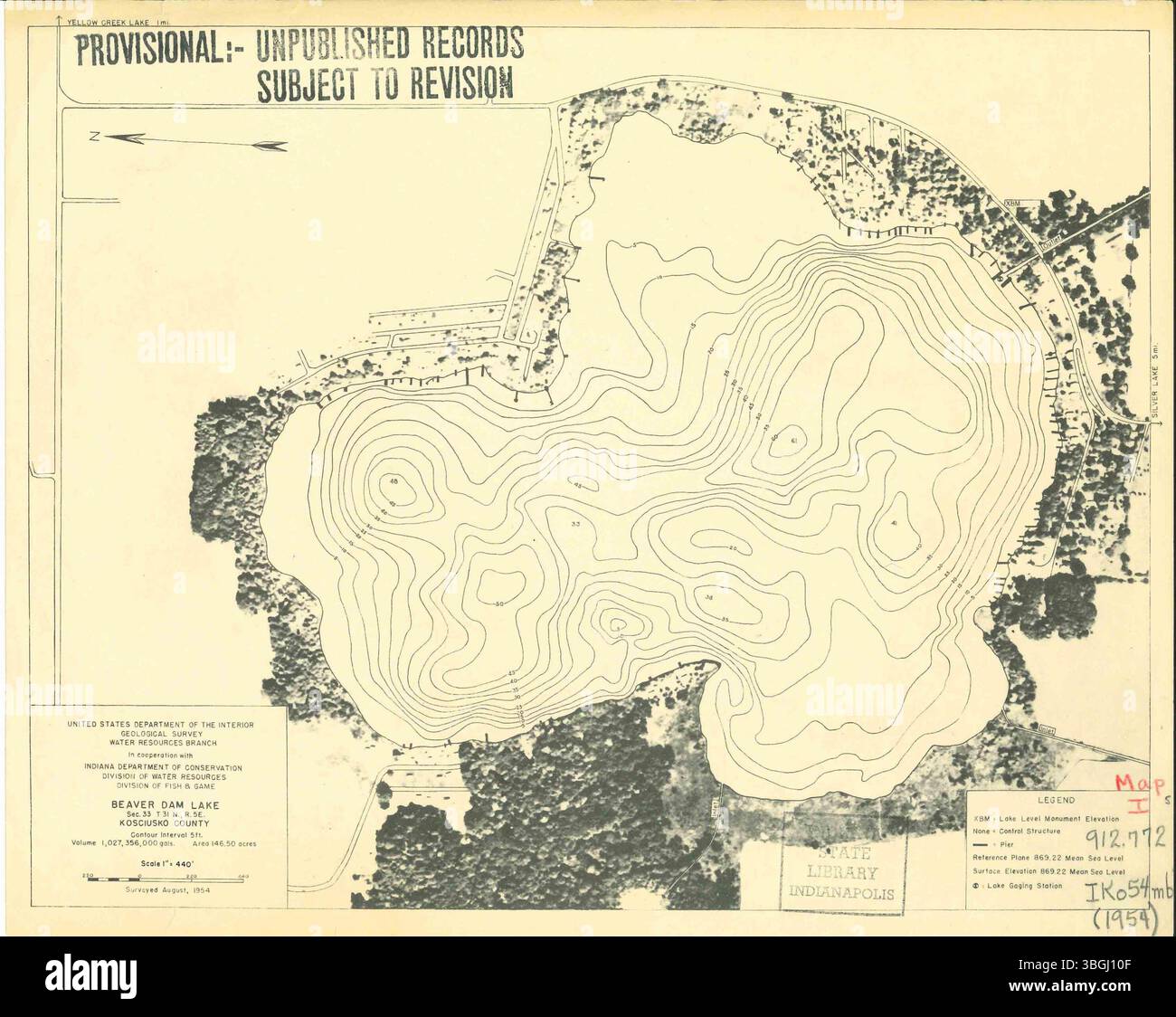 This 1954 map of Beaver Dam Lake in Kosciusko County, Indiana, shows ...
