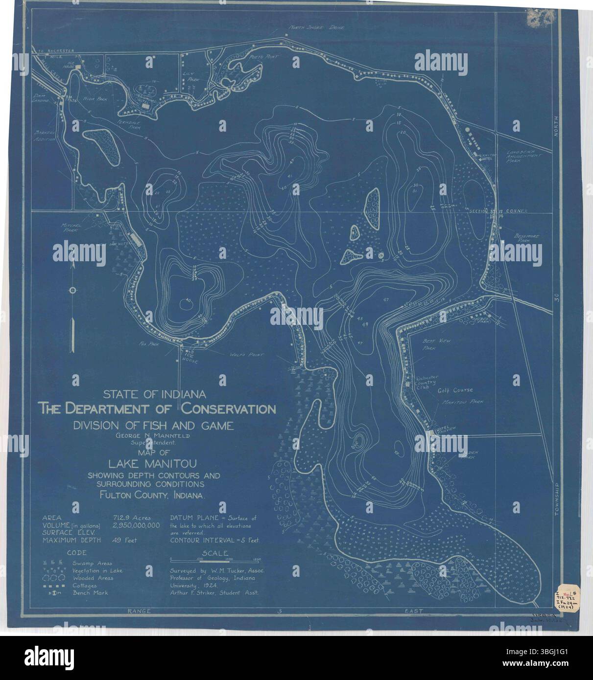 This 1924 blueprint map of Lake Manitou in Fulton County, Indiana shows ...